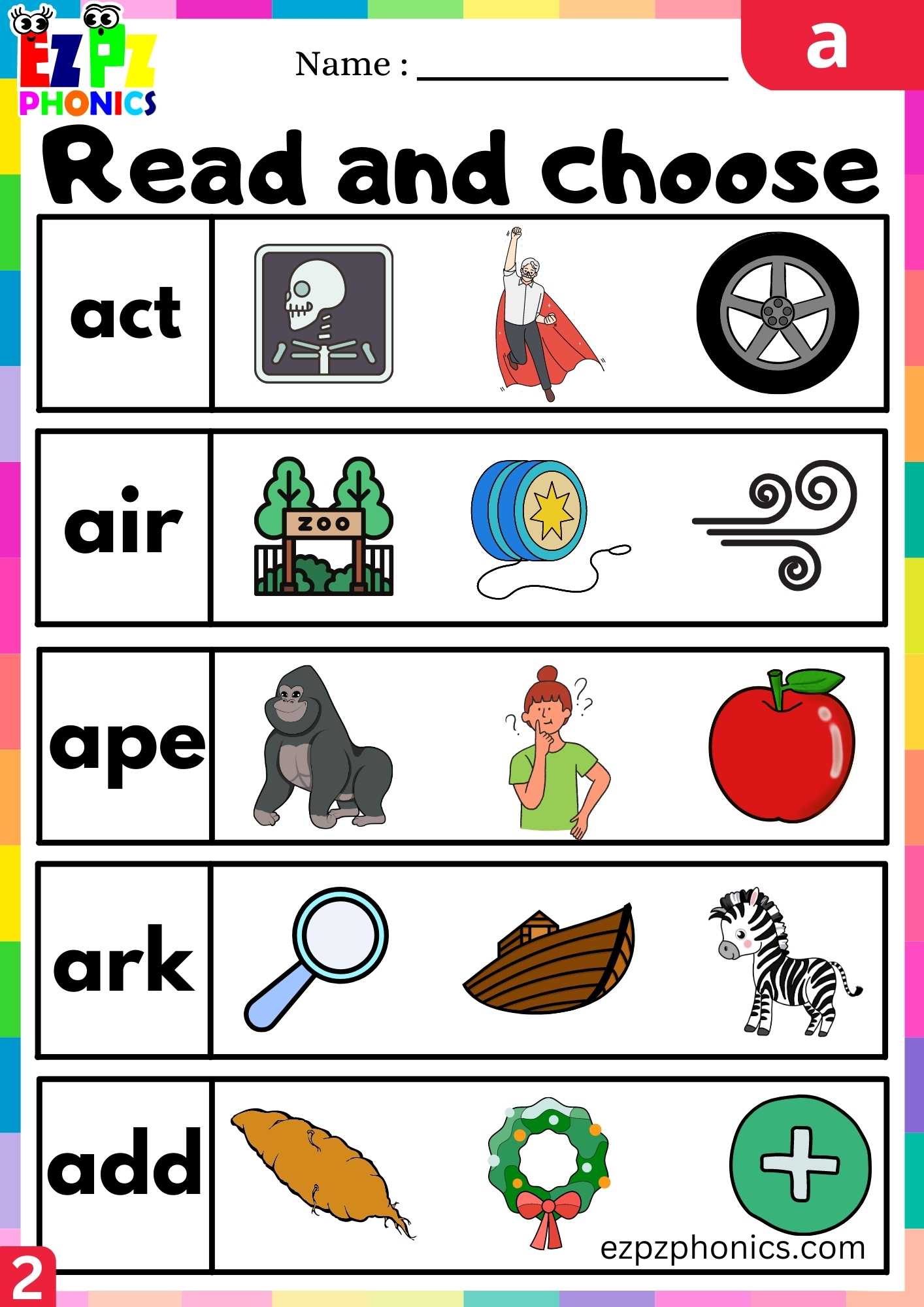 Group2 Letter a Read and Choose Beginning Sounds Worksheet - ezpzphonics.com